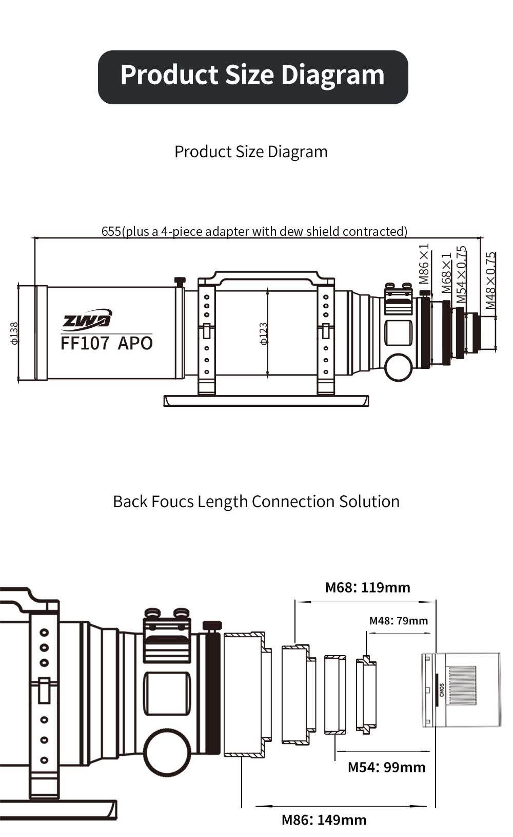 ZWO FF107 f/7 Apochromatic Quintuplet Refractor Telescope - Widescreen ...