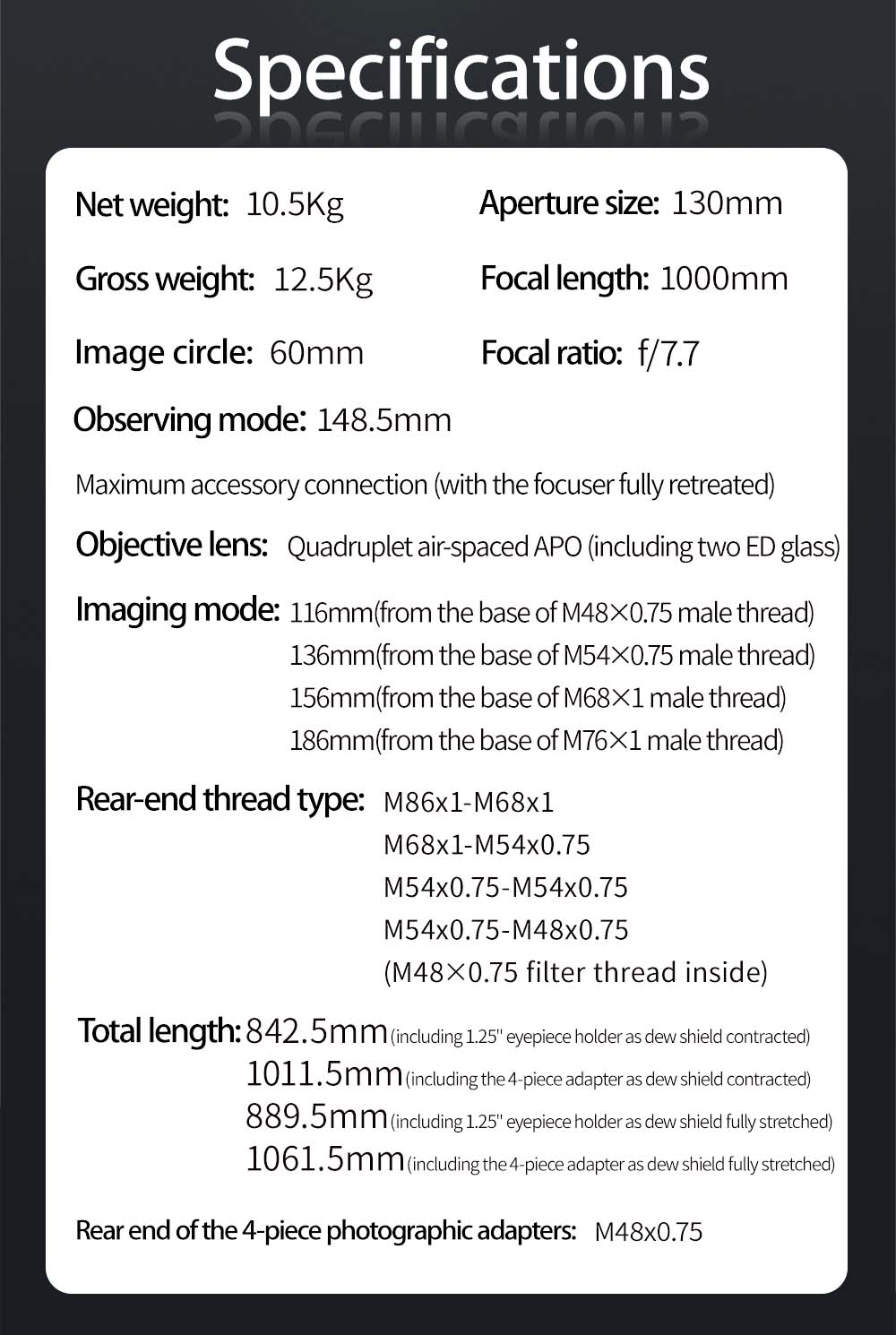 ZWO FF130 f/7.7 Apochromatic Quadruplet Refractor Telescope ...